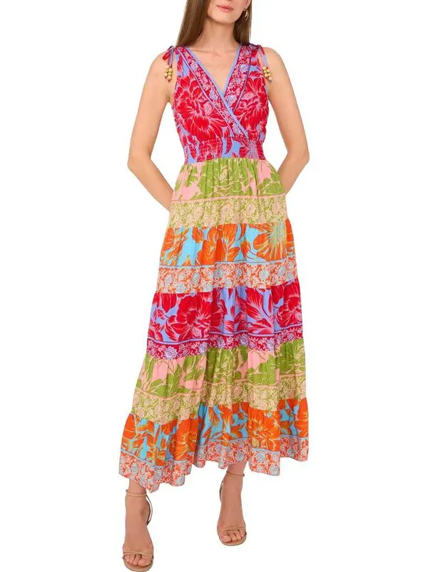 Vince Camuto Print Beaded Tiered Maxi Dress - Shell Pink