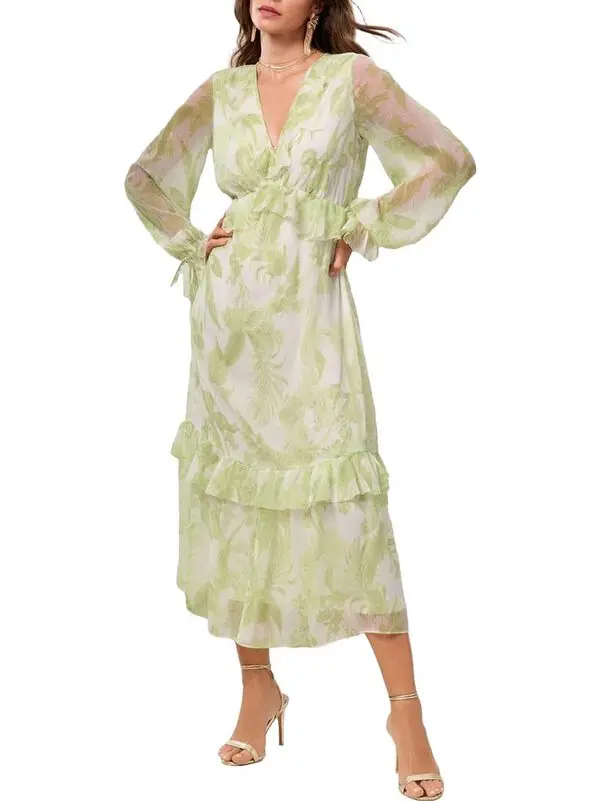 LIPSY Long Sleeve Floral Print Chiffon Dress - Green