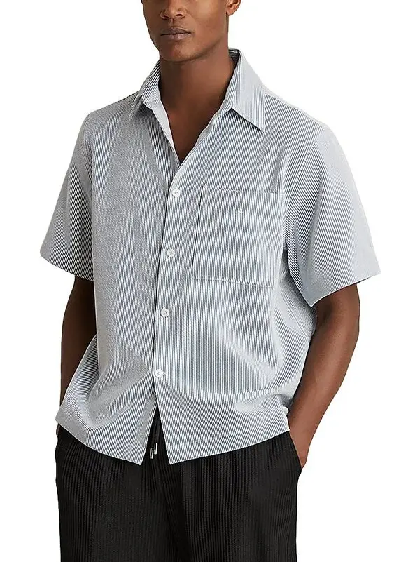 REISS Sensei Short Sleeved Striped Seersucker Regular Fit Shirt - Soft Blue/white