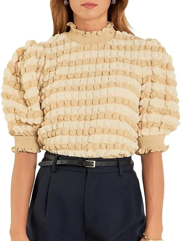 English Factory Textured Mock Neck Blouse - Beige Combo