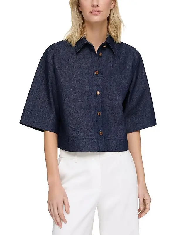 Lafayette 148 New York Button Front Cropped Top - Indigo