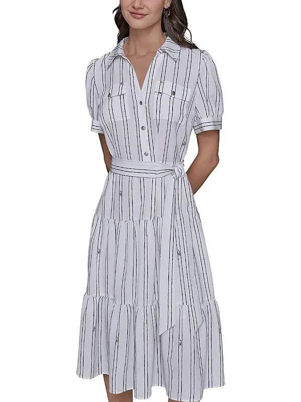 Karl Lagerfeld Paris Striped Belted Shirt Dress - Soft White Multi