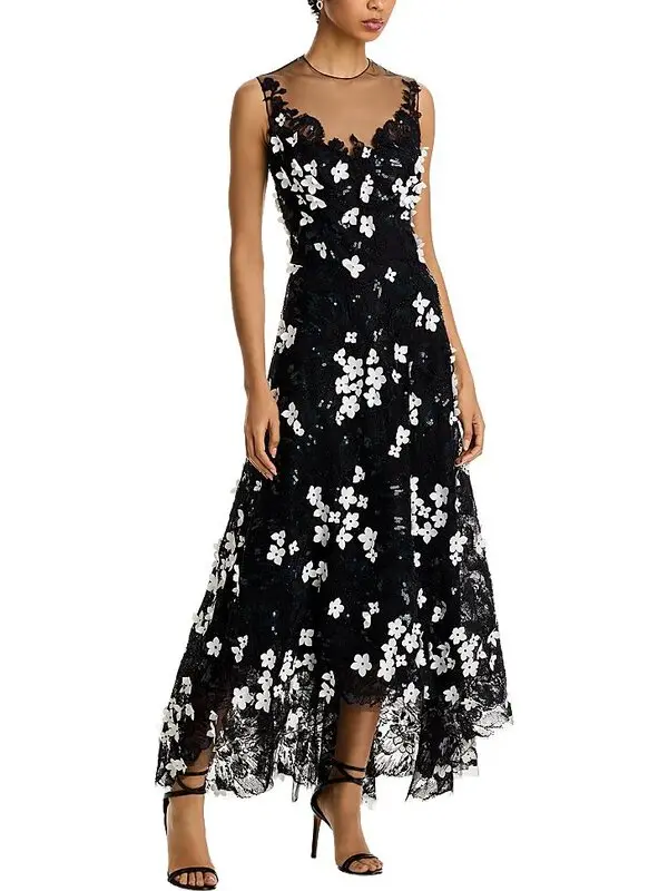 Rickie Freeman For Teri Jon Tulle Gown With 3d Flower Applique - Black White