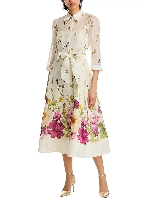 Rickie Freeman For Teri Jon Silk And Linen Floral Dress - Ivory Multi