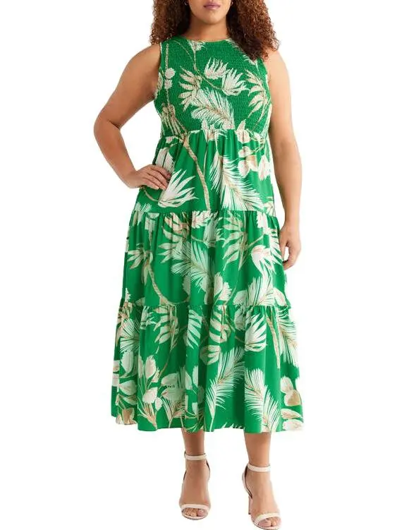 Anne Klein Palm Print Tiered Maxi Dress - Tropical Green Multi