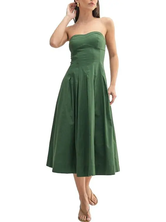 QUINCY MAE Strapless Stretch Cotton A-line Midi Dress - Dark Green