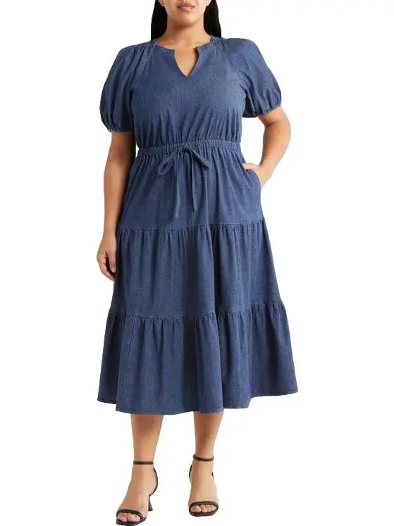 Anne Klein Tiered Denim Midi Dress - Dark Wash