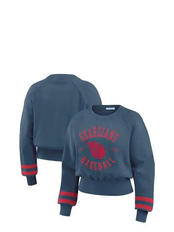 WEAR BY ERIN ANDREWS Cleveland Guardians Vintage Washed Cropped Pullover Sweatshirt - Navy