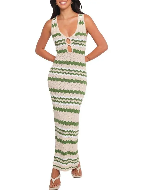 PETAL & PUP Hubert Chevron Pointelle Knit Maxi Dress - Khaki Multi