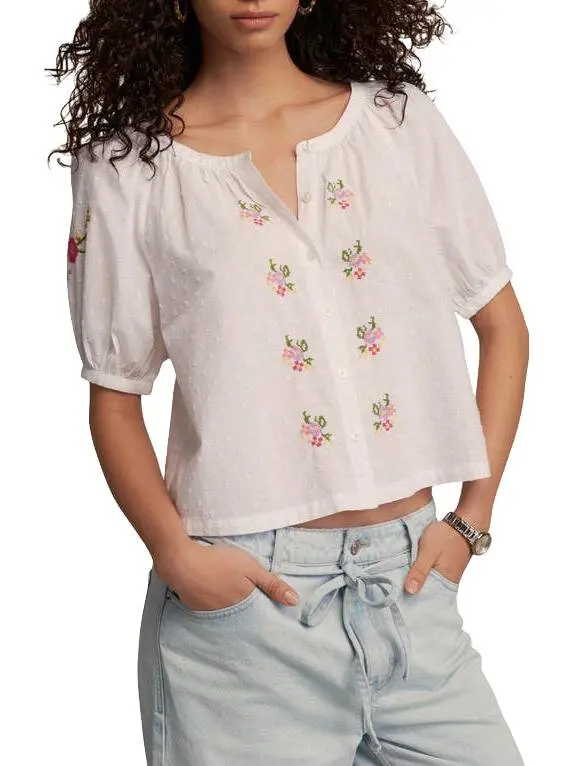NEXT Embroidered Puff Sleeve Cotton Top - White