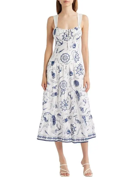 Moon River Print Ruffle Hem Sleeveless Midi Dress - Ivory Multi
