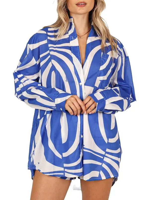 PETAL & PUP Heather Printed Cotton Button-up Shirt - Blue Print