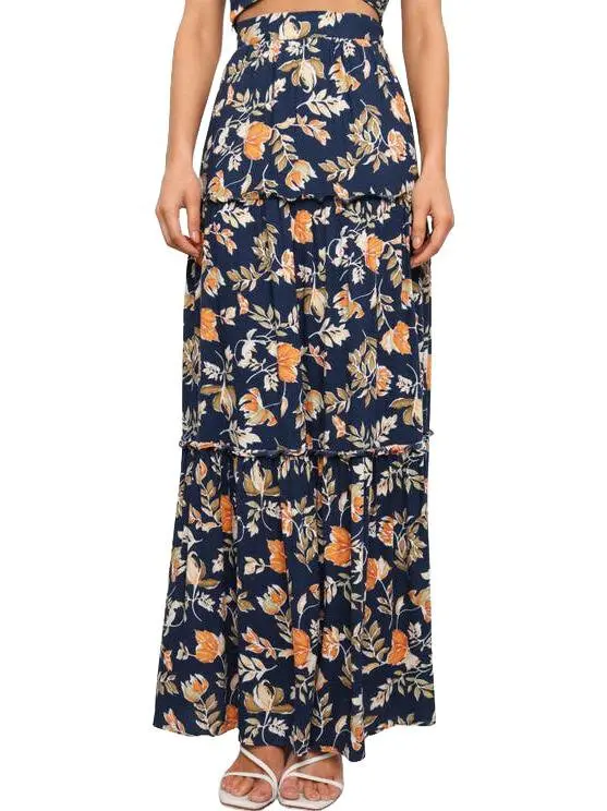 PETAL & PUP Deaville Floral Tiered Maxi Skirt - Navy