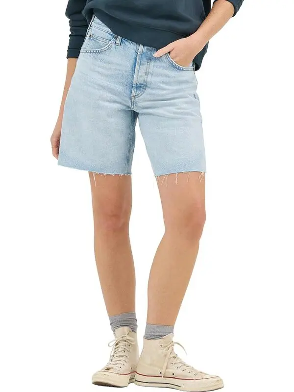 LEEM Slouch Raw Hem Denim Bermuda Shorts - Hint Of Rain