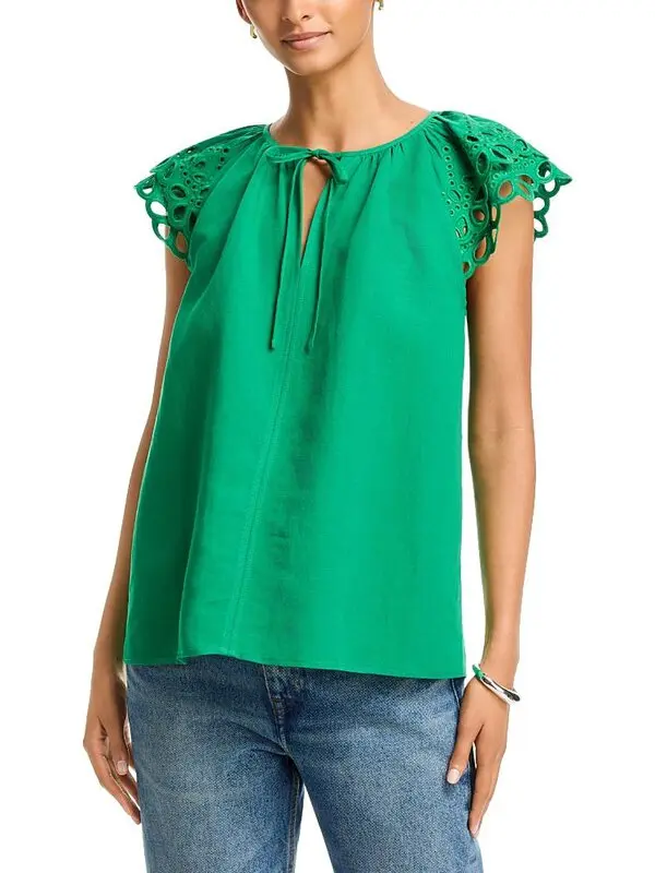 T Tahari Embroidered Blouse - Jungle Palm