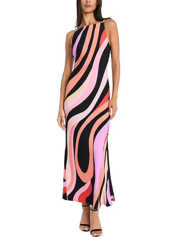 Maggy London Printed Straight Neck Maxi Dress - Black/ Pink