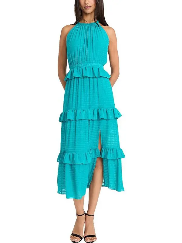 Maggy London Ruffle Tiered Halter Neck Midi Dress - Blue Grass