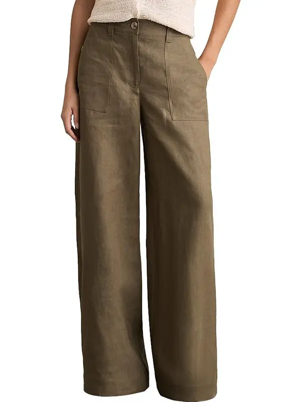 REISS Ashby Linen Wide Leg Pants - Khaki