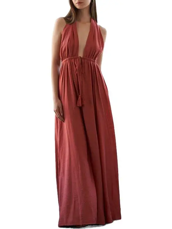 FREEMARKET Open Back Halter Maxi Dress - Rust