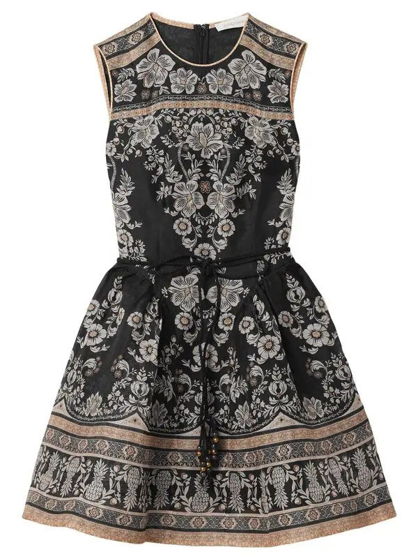 Zimmermann Balance Belted Floral-print Linen And Silk-blend Organza Mini Dress - Black