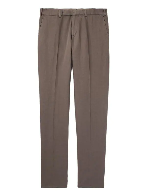Zegna Slim-fit Tapered Cotton And Linen-blend Twill Trousers - Brown
