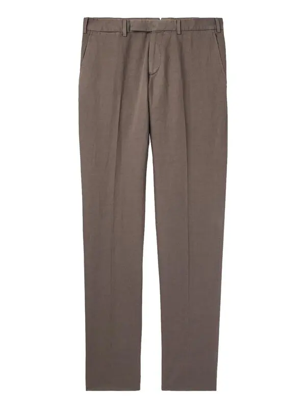 Zegna Slim-fit Tapered Cotton And Linen-blend Twill Trousers - Brown