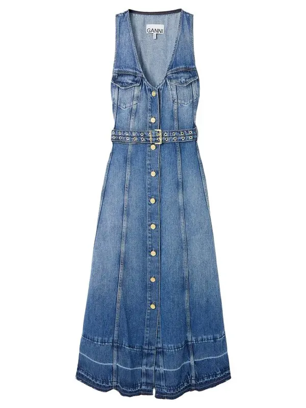 GANNI Belted Frayed Denim Midi Dress - Blue