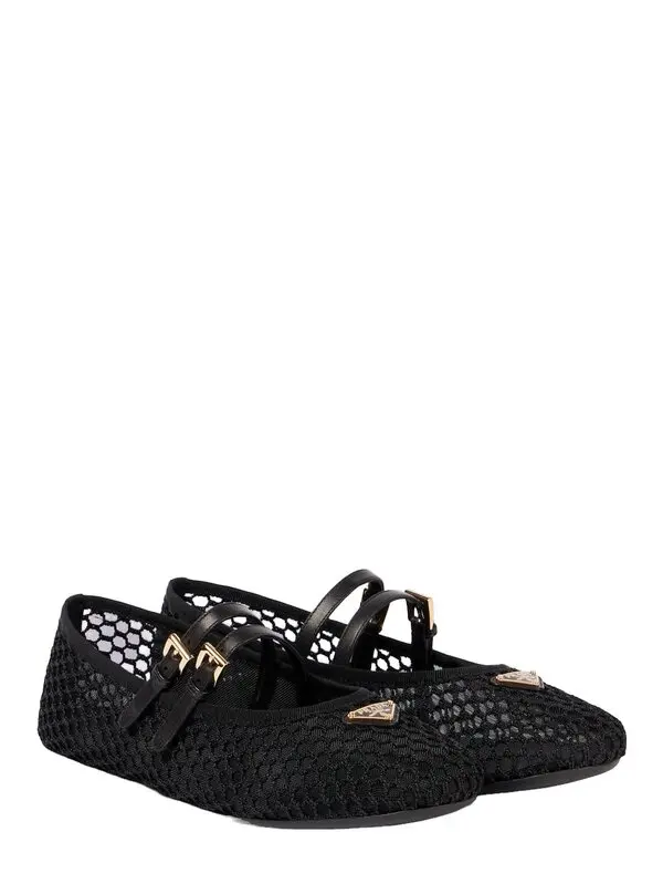 Prada Logo Leather-trimmed Mesh Ballet Flats - Black