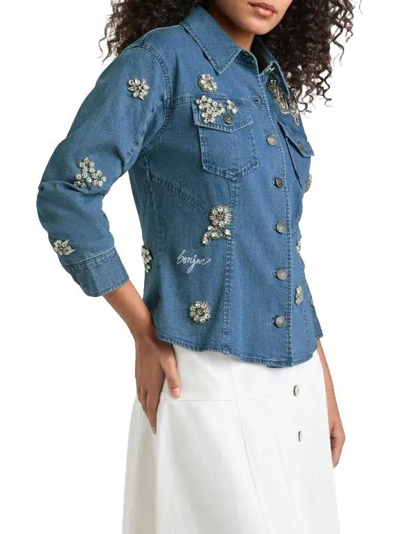 Cinq À Sept Flower Crystal Stretch Denim Shirt - Light Wash