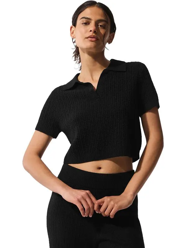 Alo Yoga Cashmere Plush Waffle Polo T-shirt - Black
