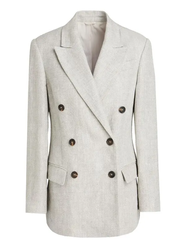 Brunello Cucinelli Double-breasted Herringbone Linen Blazer - Stone