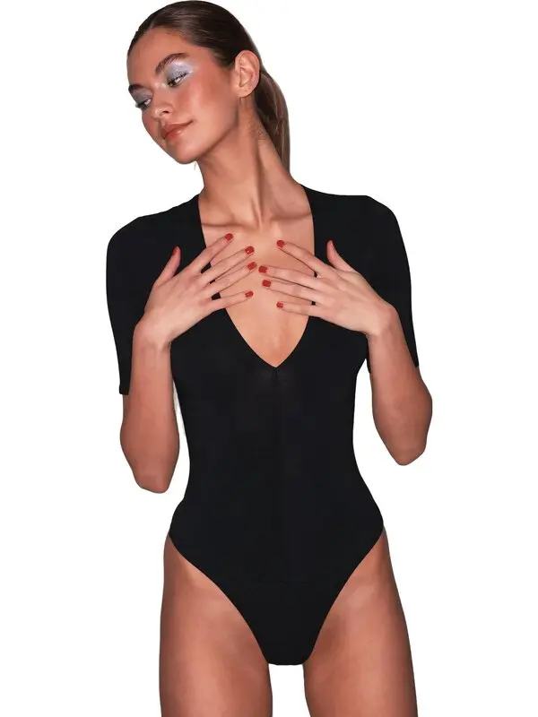 Fleur Du Mal Organic Cotton Deep V Bodysuit - Black
