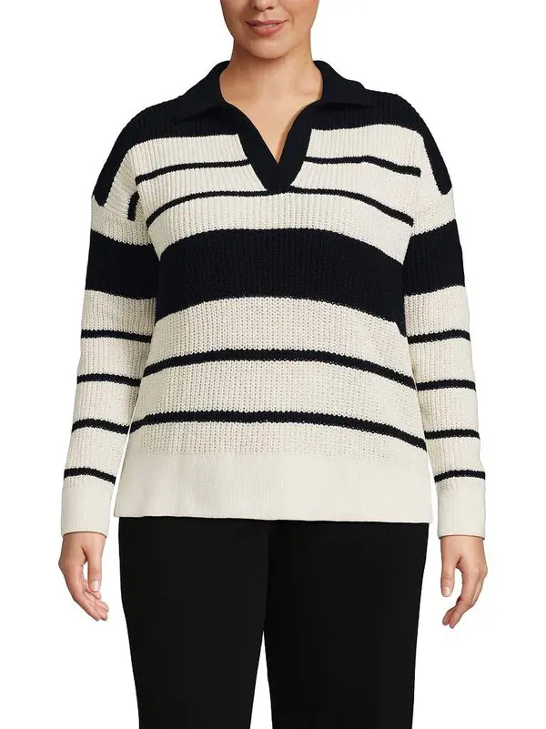 LANDS' END Cotton Boucle Johnny Collar Textured Sweater - Ivory/black Stripe