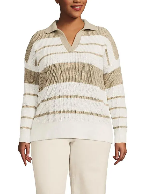 LANDS' END Cotton Boucle Johnny Collar Textured Sweater - Ivory/champagne Stripe