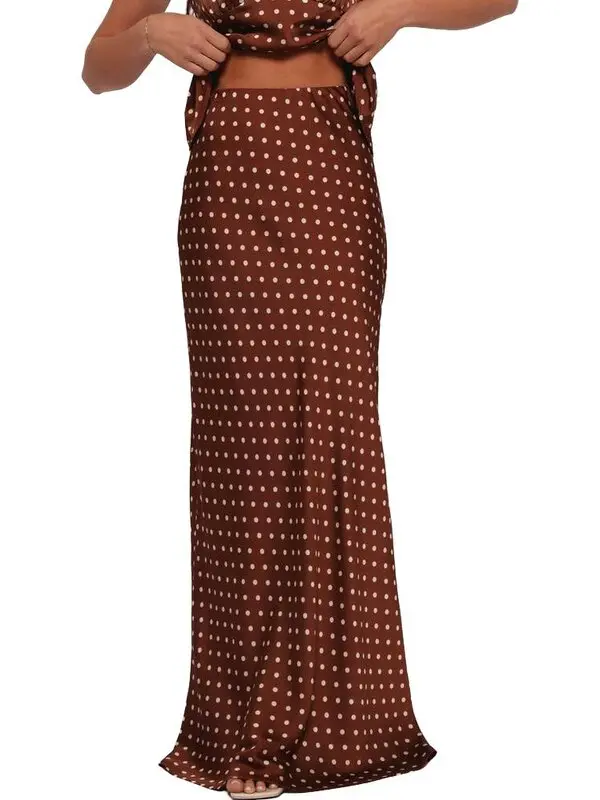 PETAL & PUP Velman Polka Dot Satin Maxi Skirt - Brown Polka Dot