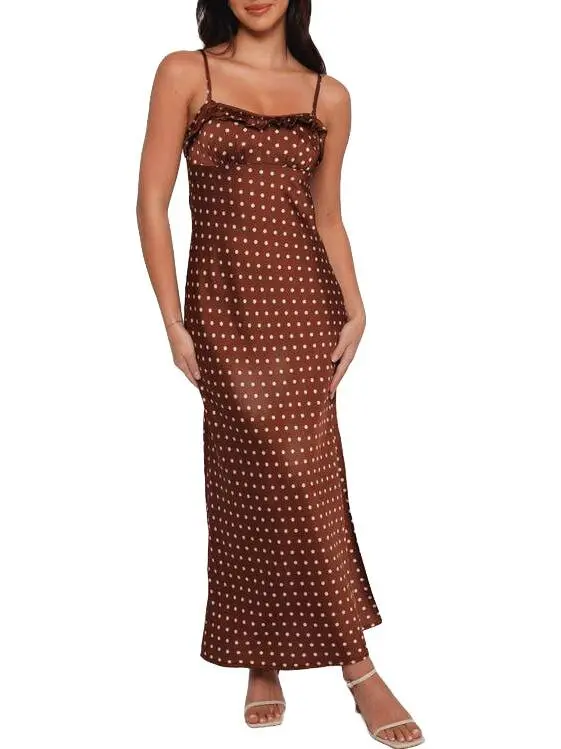 PETAL & PUP Dara Polka Dot Satin Maxi Dress - Brown Polka Dot