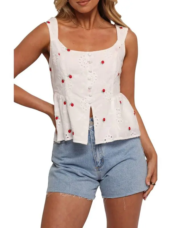 PETAL & PUP Estelle Floral Eyelet Tank - White