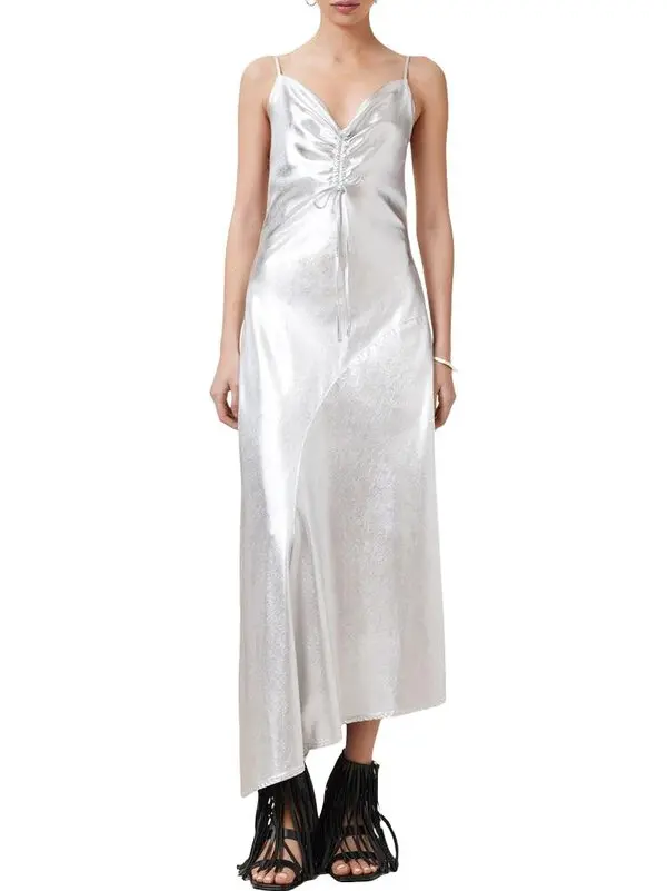 ALLSAINTS Alexia Metallic Asymmetric Slipdress - Metallic Silver