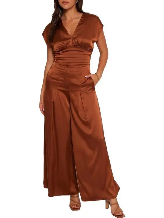 PETAL & PUP Cassie Satin Short Sleeve Top & Wide Leg Pants Set - Bronze