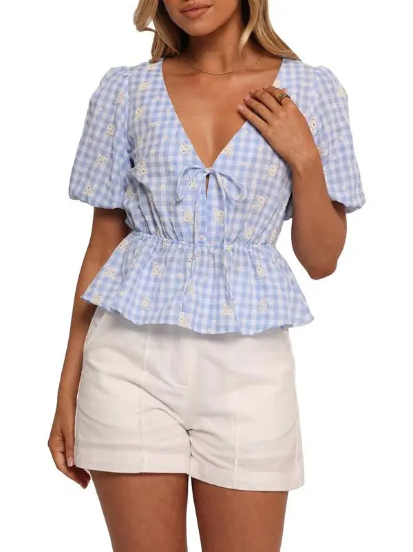 PETAL & PUP Cecelia Gingham Eyelet Embroidered Peplum Top - Blue Gingham