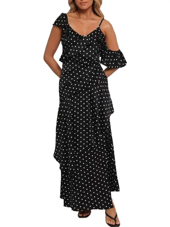 PETAL & PUP Adelina Cold Shoulder Maxi Cocktail Dress - Black Polka Dot