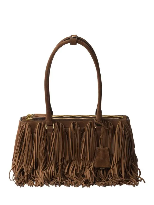 Prada Galleria Medium Suede Bag With Fringe - Brown