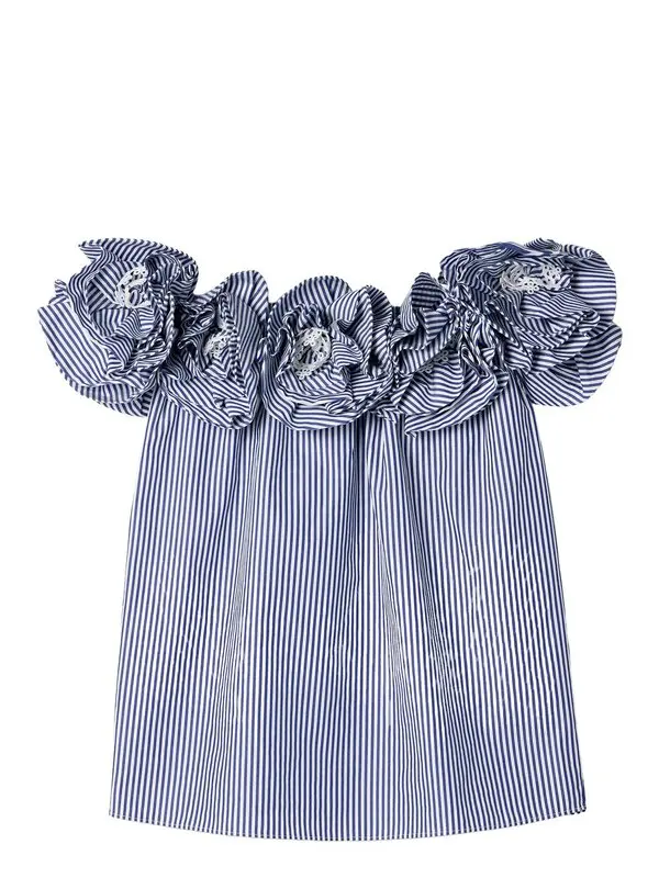 Carolina Herrera Ruffled Off-the-shoulder Striped Top - Blue