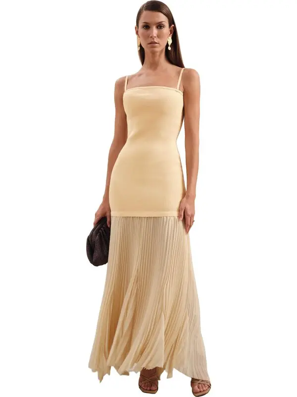 REISS Milana Pleated Ribbed Midi Dress - Yellow