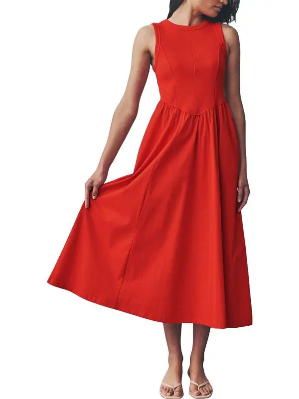NEXT Cotton Blend Sleeveless Midi Dress - Red