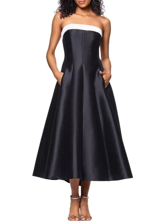 Betsy & Adam Contrast Strapless Mikado Ballgown - Black/ White