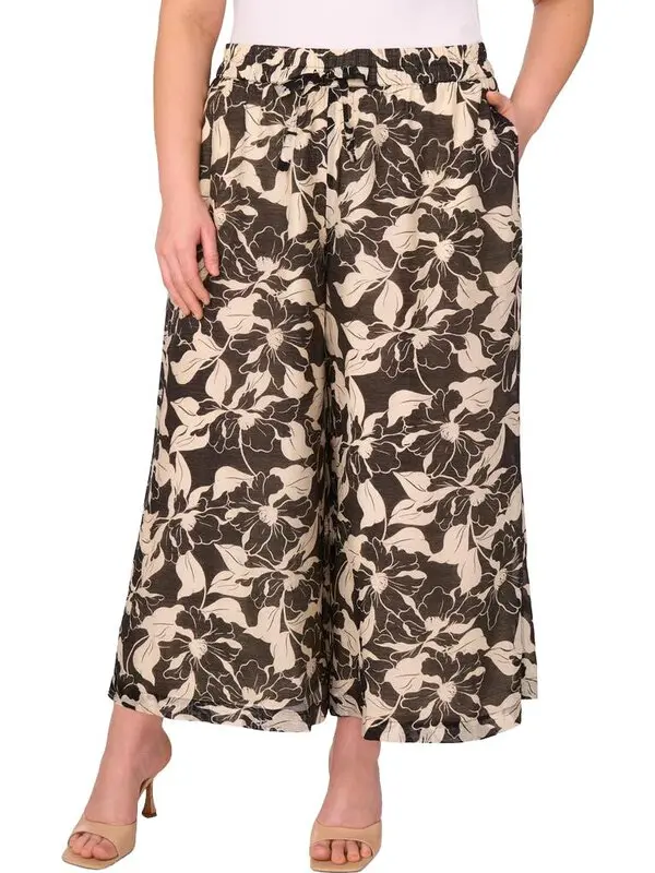 Vince Camuto Floral Wide Leg Ankle Pants - Rich Black