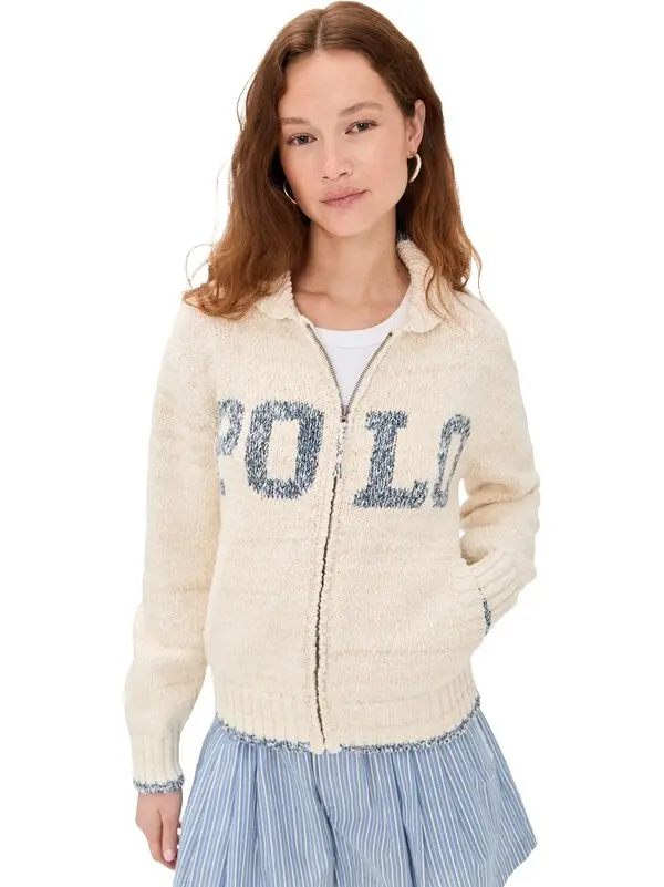 Ralph Lauren Long Sleeve Collared Cardigan - Cream/blue Multi