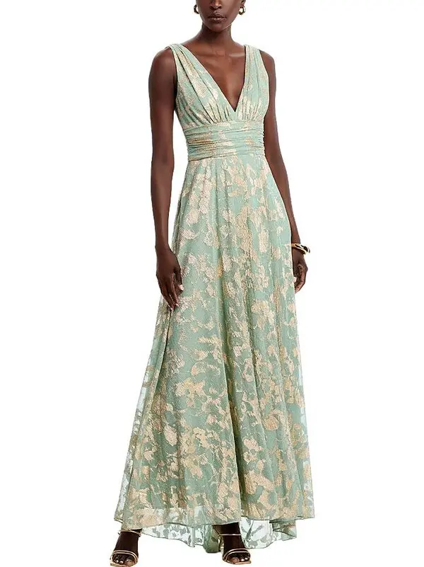 Aqua Crinkle Foil Maxi Dress - Sage/gold