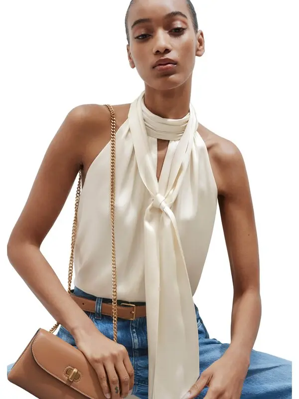ME+EM Silk Satin Halterneck Top With Tie - Light Cream